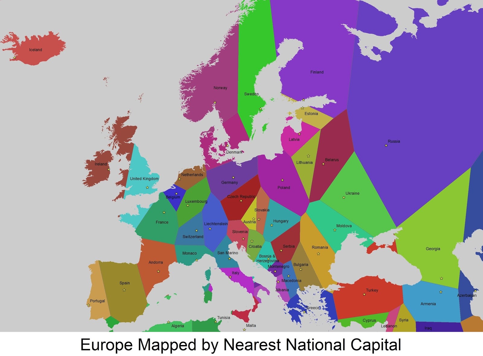 Europe Mapped by Nearest National Capital - Vivid Maps