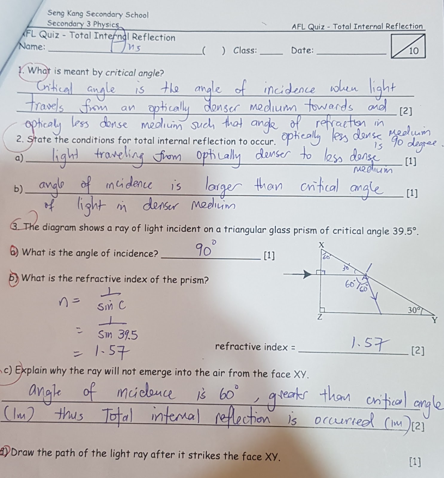 4E Physics Blog: Quiz Solution on Reflection , Refraction , Total ...