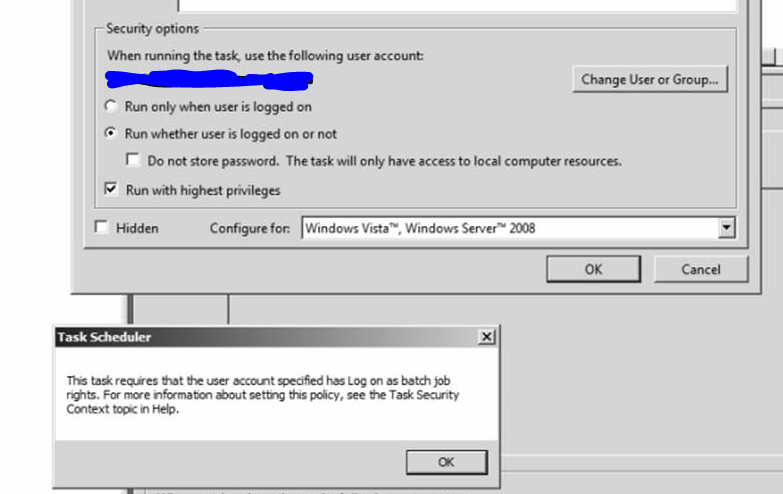Error : Task Scheduler - This task requires that the user account ...