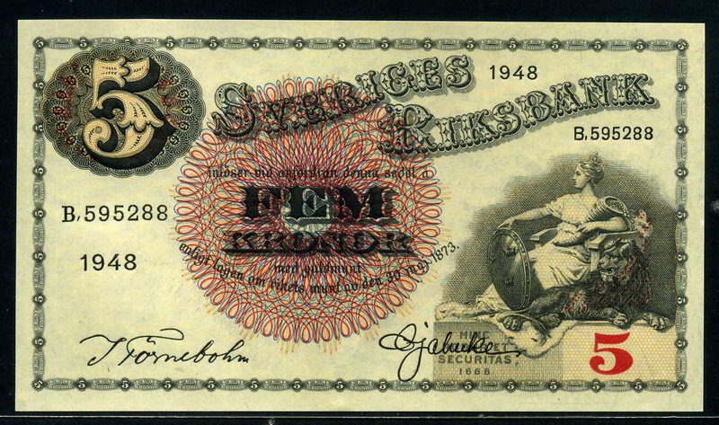 Sweden currency 5 Kronor banknote 1948 King Gustav Vasa & Svea|World ...