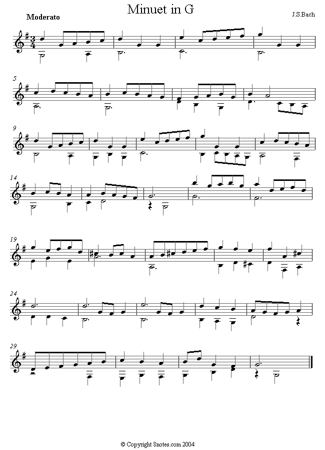 Partitur Gitar Klasik, "Minuet In G" By Johan Sebastian Bach
