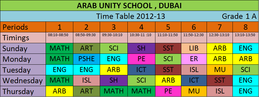 Arab Unity School | Grade 1: Time Table