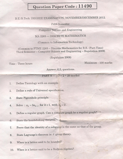 MA2265 Discrete Mathematics Nov Dec 2012 Question Paper - University ...