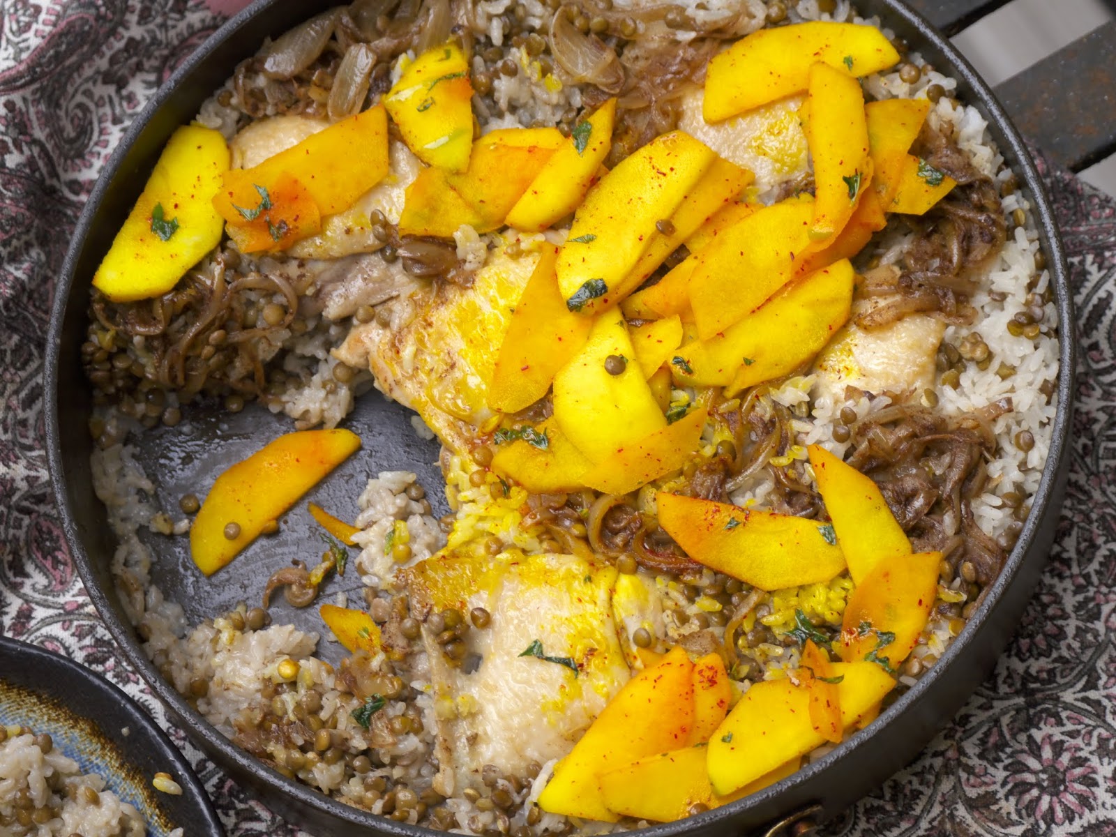 Persian chicken with rice, lentil, and saffron sautéed apples