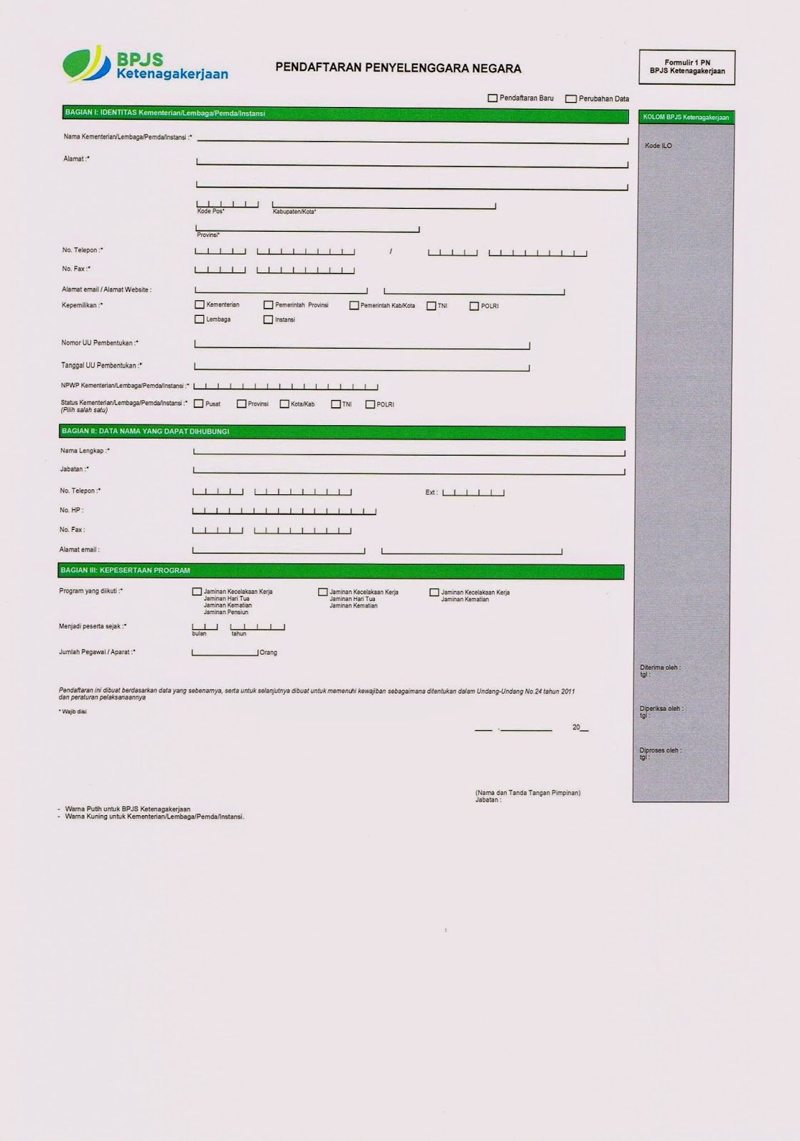 Formulir Pendaftaran Peserta BPJS Ketenagakerjaan untuk Penyelenggara ...