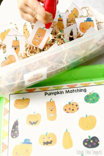 Pumpkin Matching Sensory Bin {Free Printable} | School Time Snippets