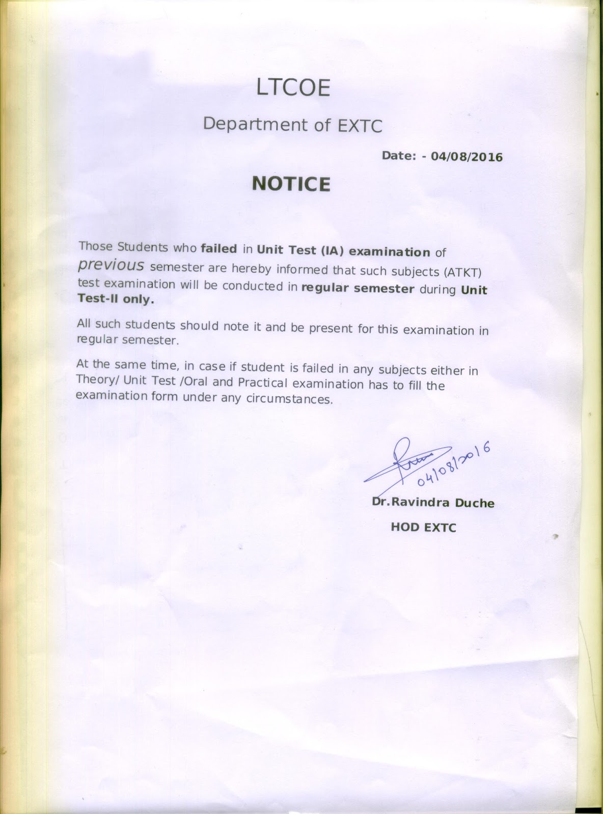 EXTC Department: Notice regarding Unit Test (Internal Assessment) - ATKT