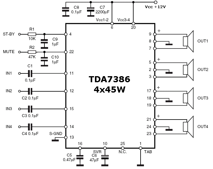 Electronica Circuitos Diagramas : Circuito amplificador con TDA7386