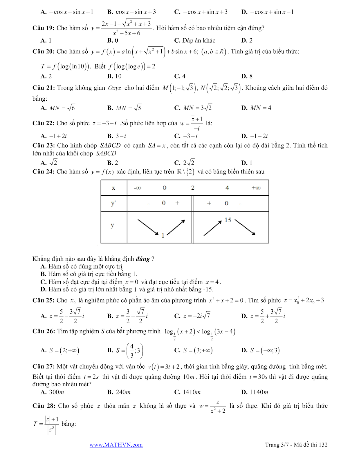 Đề thi HK2 môn Toán lớp 12 có đáp án kèm file word 2019 - Toán Học Việt Nam