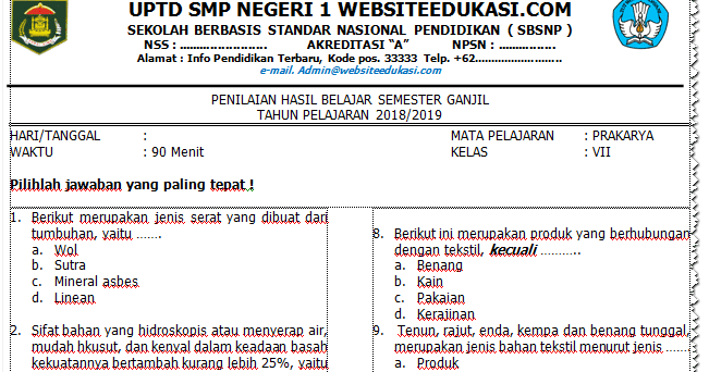 Soal Pas/ Uas Prakarya Kelas 7 Smp/Mtk13 Tahun 2018/2019 - website edukasi guru