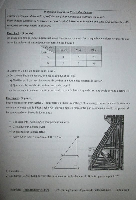 DNB maths 2014 Polynésie série générale