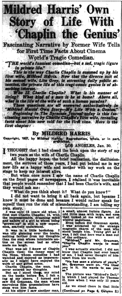 Mildred Harris' Own Story ~ Discovering Chaplin