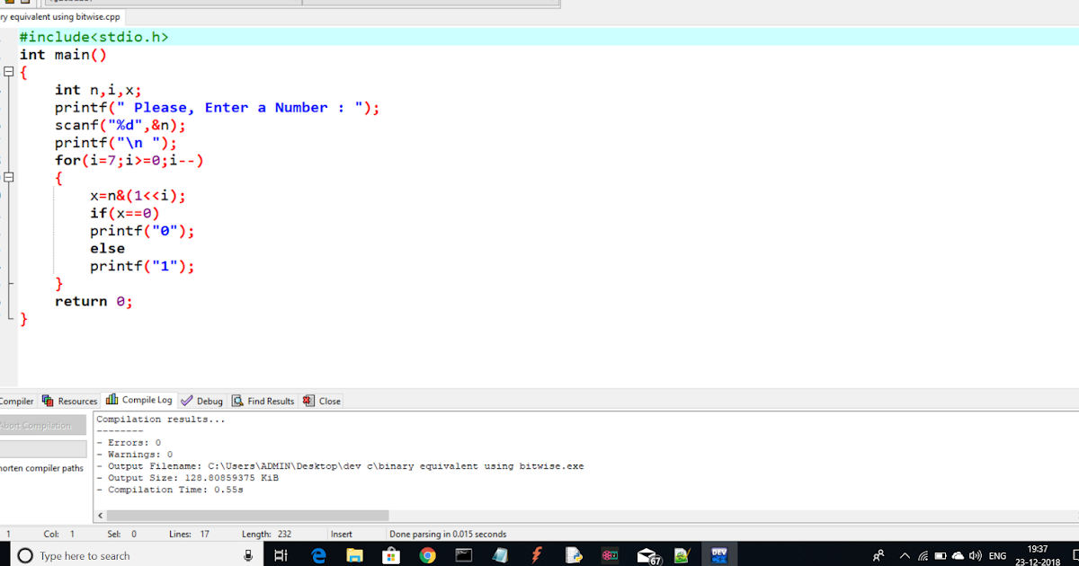 Print Binary Equivalent Of A Decimal Number Using Bitwise Operator In C 