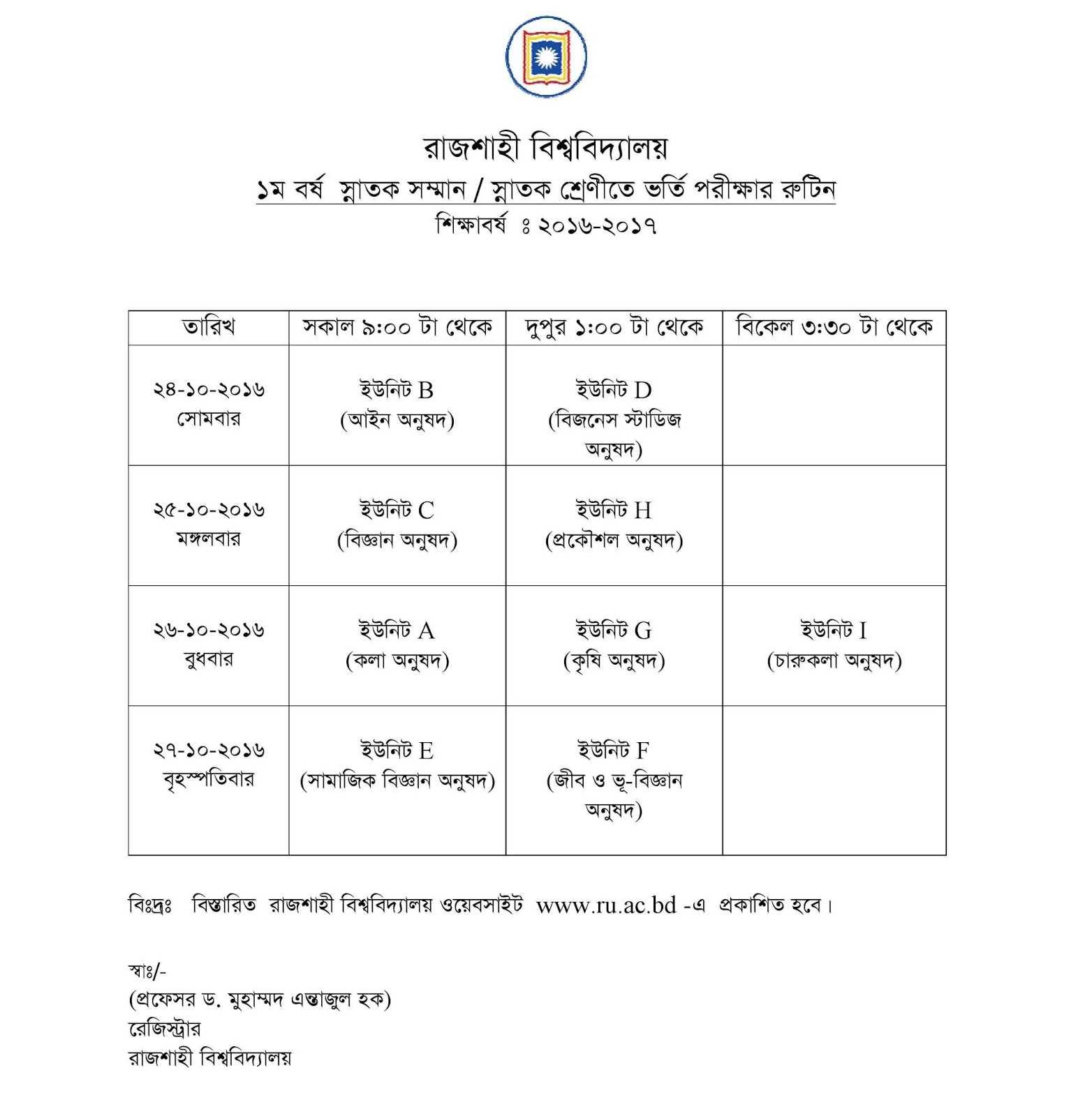 Rajshahi University Admission Notice 2016-2017 - Education Board Result ...