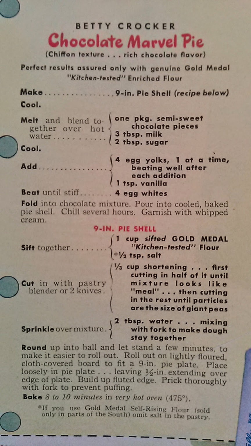 Vintage Product Recipes: Betty Crocker Chocolate Marvel Pie