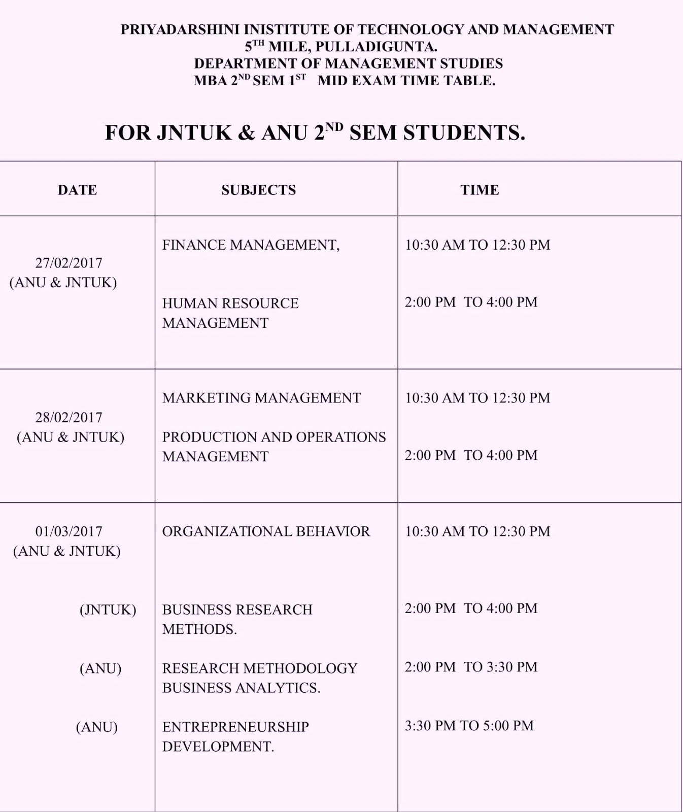 ANU AND JNTUK 2ND SEM 1ST MID EXAM TIME TABLE
