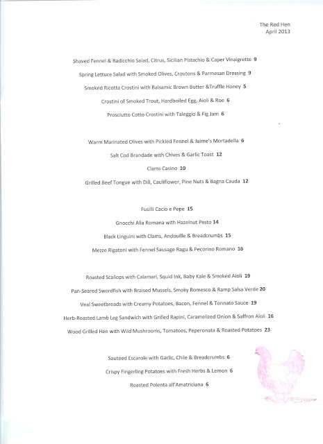 bloomingdale: Red Hen's menu