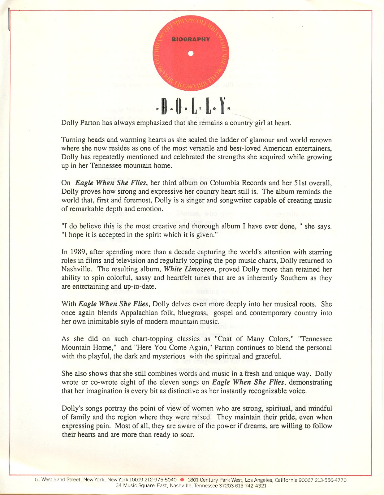 Lansure's Music Paraphernalia: DOLLY PARTON | Press Kits | Memorabilia