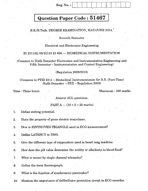EI2311 BIOMEDICAL INSTRUMENTATION 7th Semester BE EEE 2014 Question ...