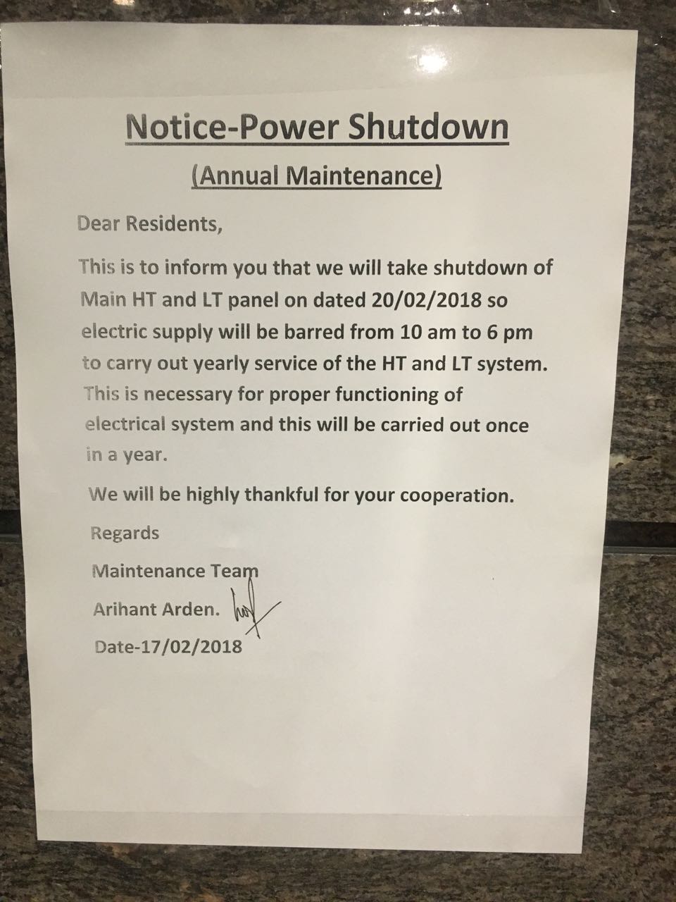 Annual power shutdown Notice 2018 | Arihant Arden Society - GNW