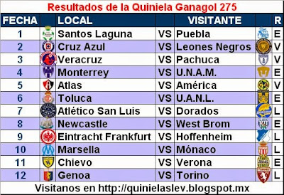 Quinielas.lev: Quiniela Ganagol 275 de Mexico.