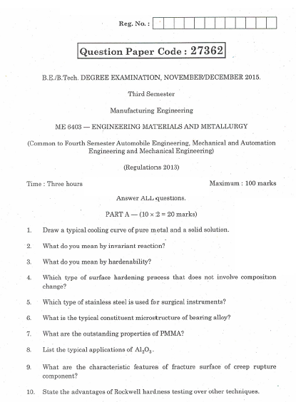 ME6403 Engineering Materials and Metallurgy Nov Dec 2015 Question Paper ...
