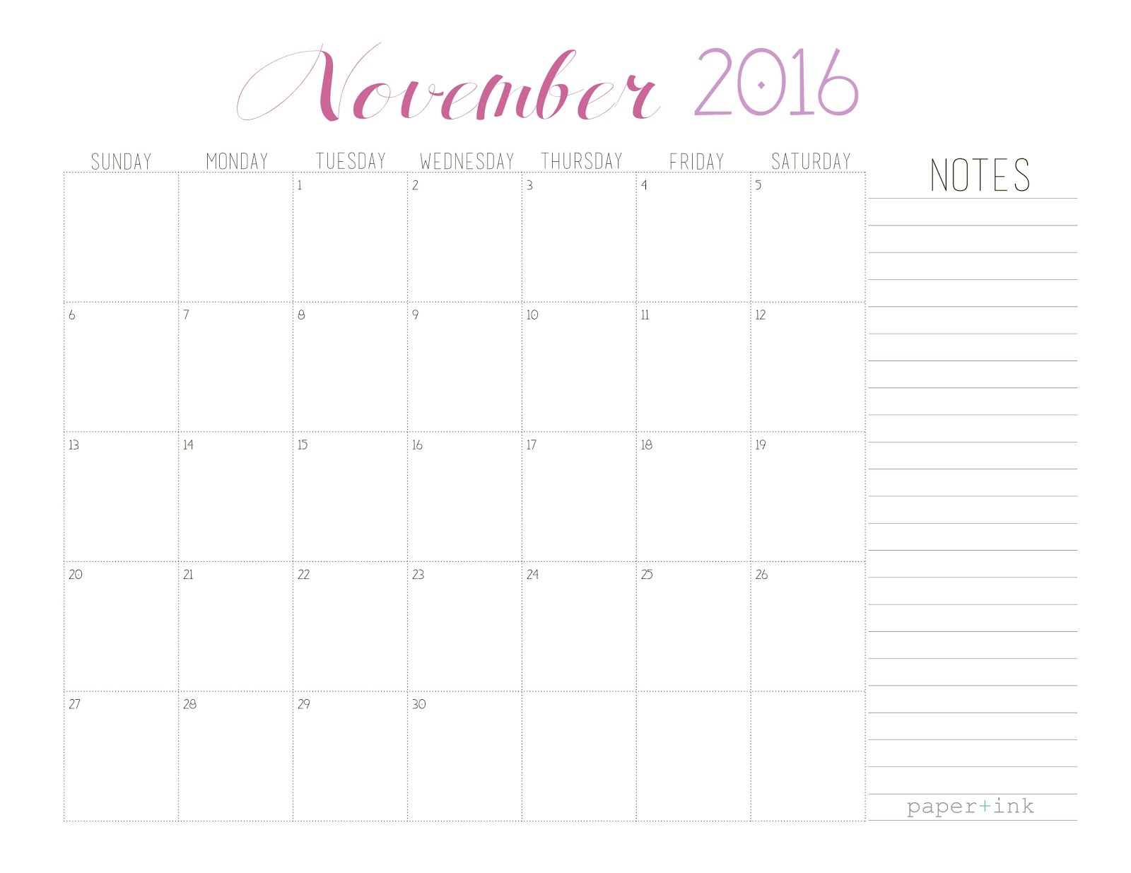 Free Printable: November 2016 Calendar