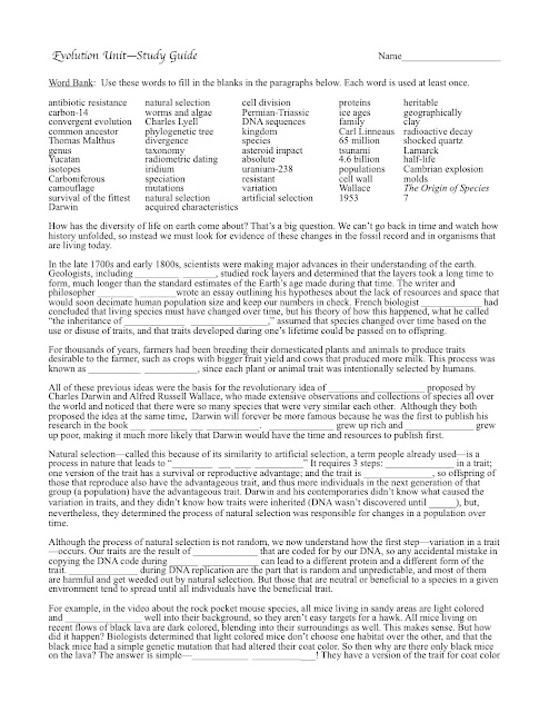 The Study of Life — Biology: Evolution Unit: Study Guide