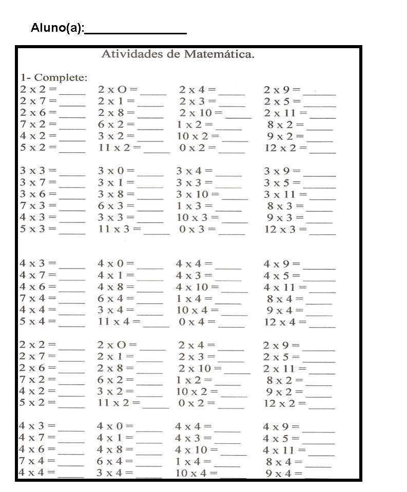 MATEMÁTICA - tabuada ~ Atividades Escolares
