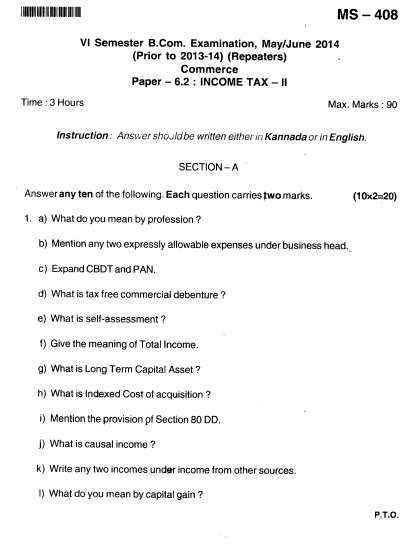 BU B.Com Income Tax II June 2014 Question Paper - University Question ...