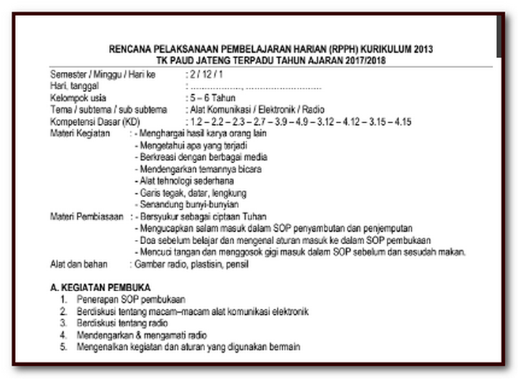 Contoh RPPH RKH TK B Semester 2 Minggu 9-17 - INFO GURU