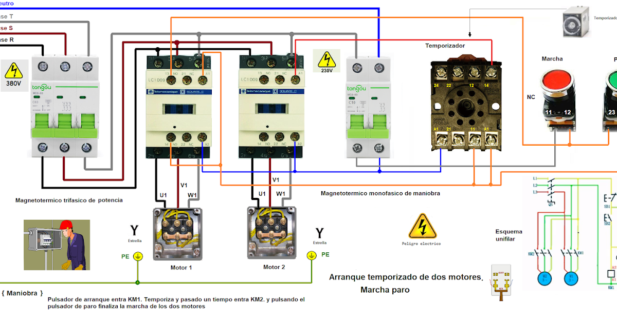 Blog electricidad-Esquemas electricos: Arranque temporizado de dos motores marcha y paro