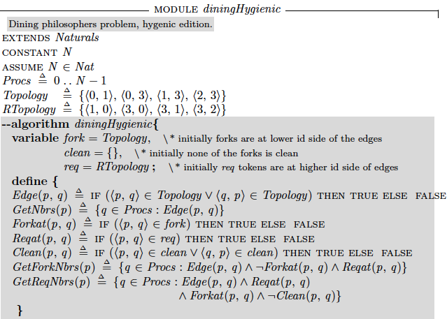 Modeling the hygienic dining philosophers algorithm in TLA+