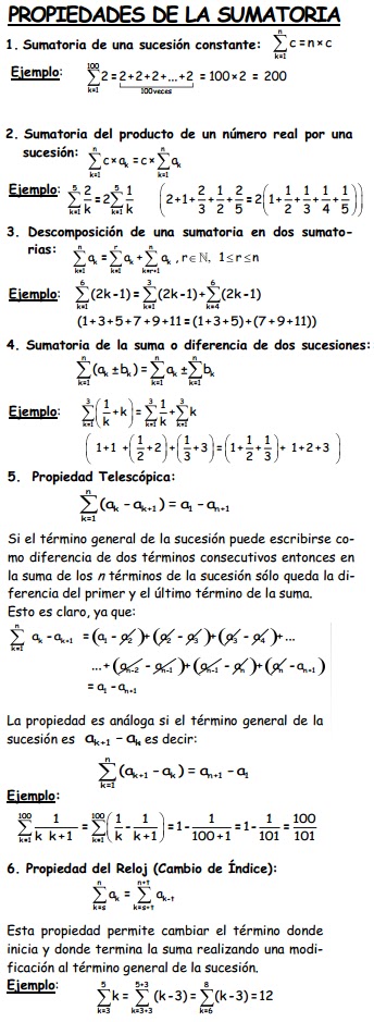 Diccionario Matematicas: Propiedades de la Sumatoria