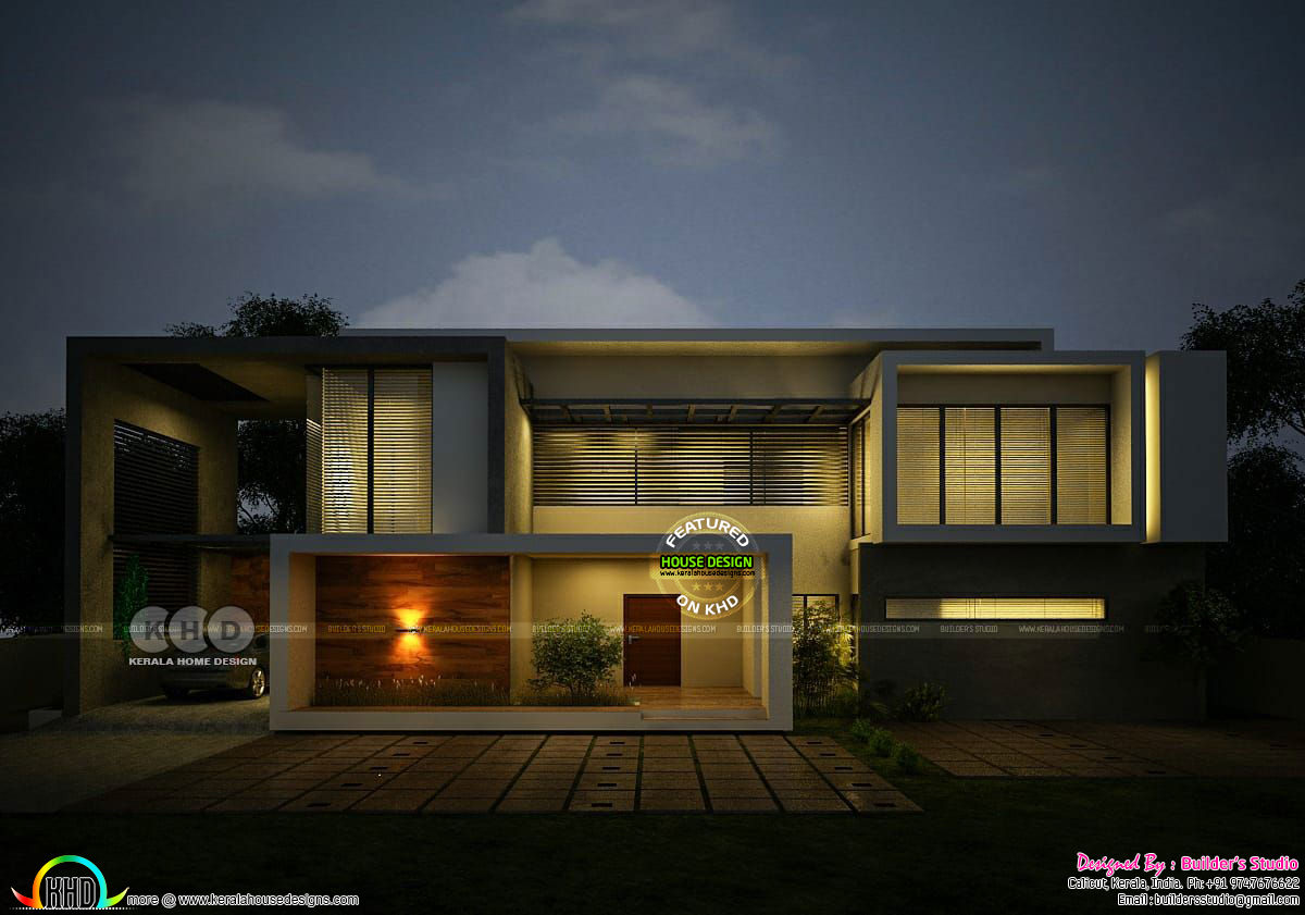 Night view rendering of a contemporary home - Kerala Home Design and ...