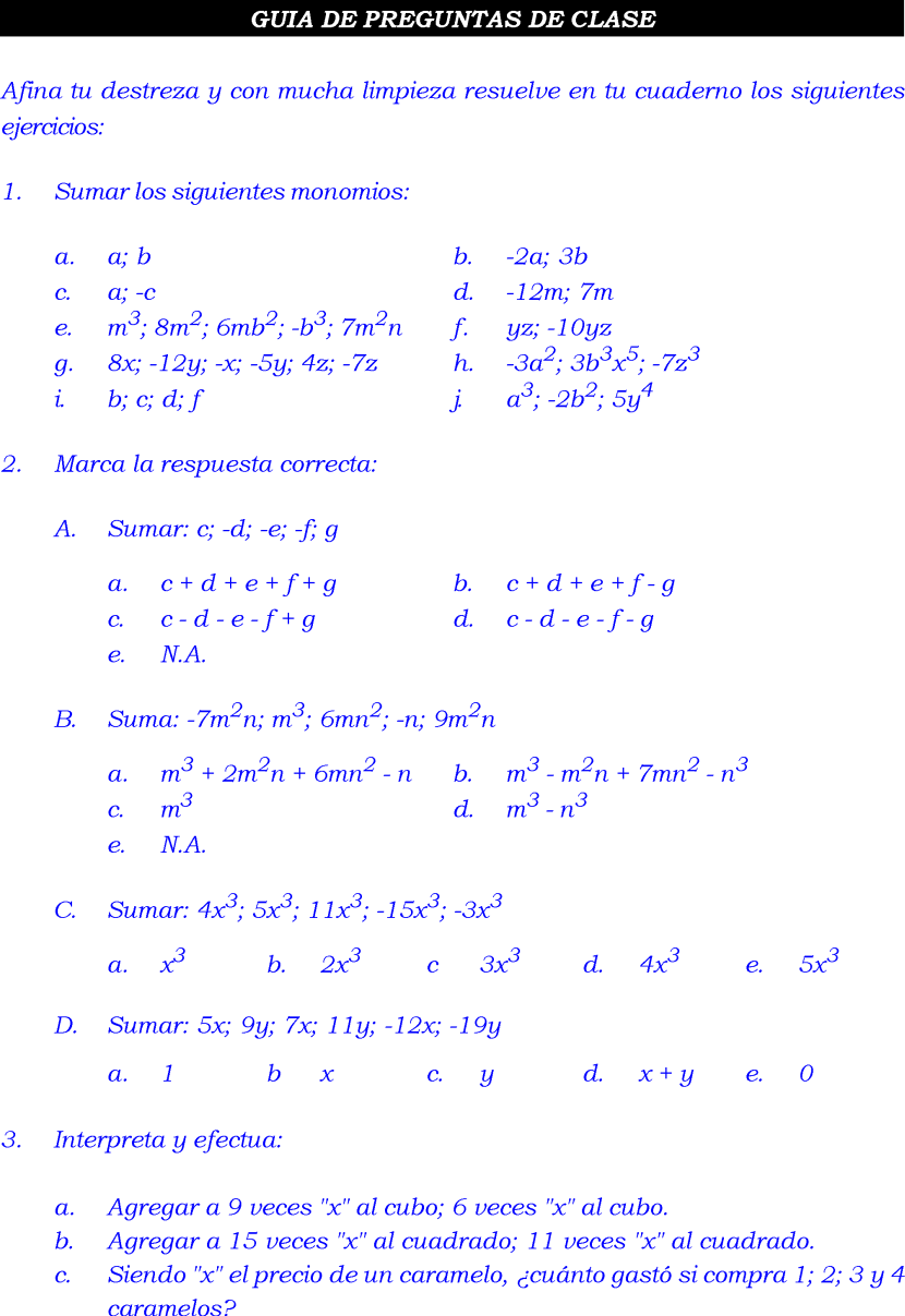 SUMA DE MONOMIOS EJEMPLOS