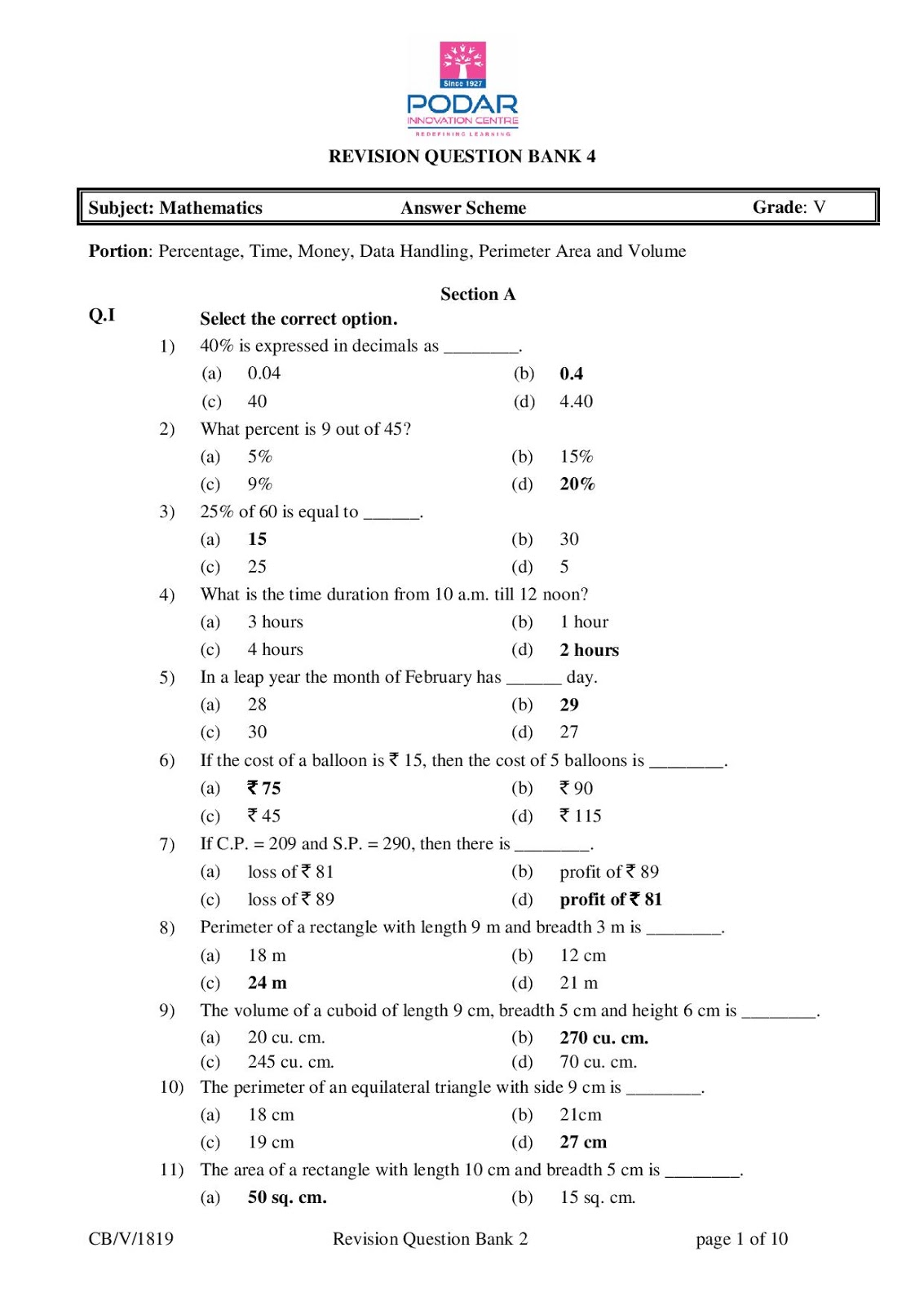 Math Revision Question bank 4 Answer Scheme