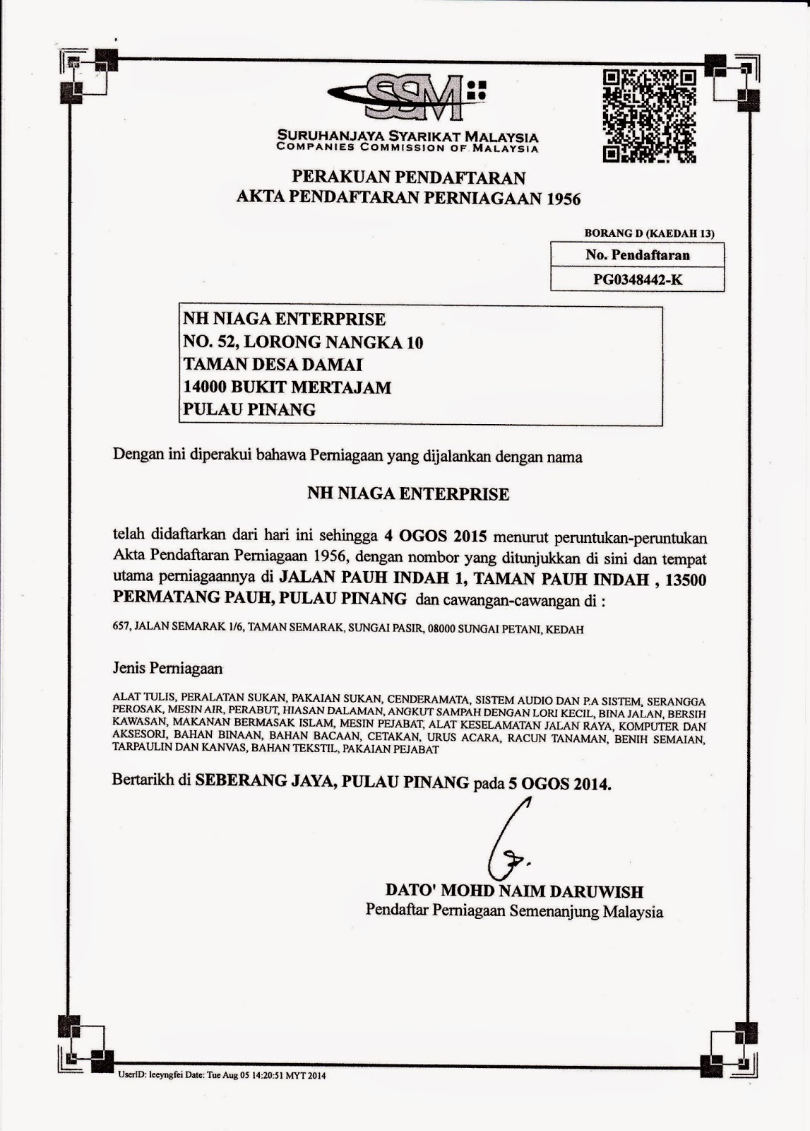 NH DECO: SIJIL SURUHANJAYA SYARIKAT MALAYSIA