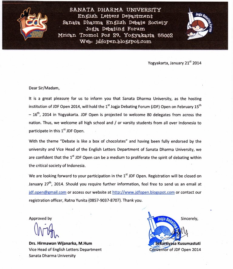 JDF OPEN DEBATE TOURNAMENT 2014: INVITATION LETTER