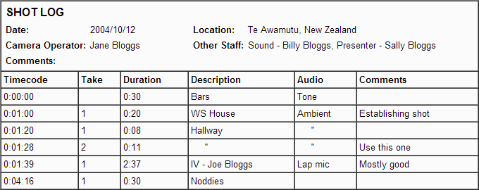 Unit 16 task 2 : Producing a rushes log