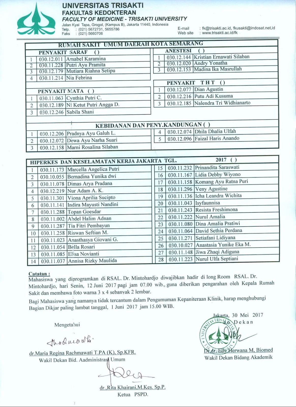 PSPPD FK USAKTI: Pengumuman Tempat Kepaniteraan Klinik Periode 12 Juni 2017