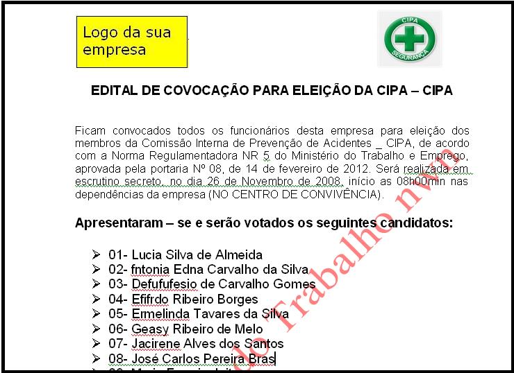 MODELO DE EDITAL DE CONVOCAÇÃO PARA ELEIÇÃO - CIPA