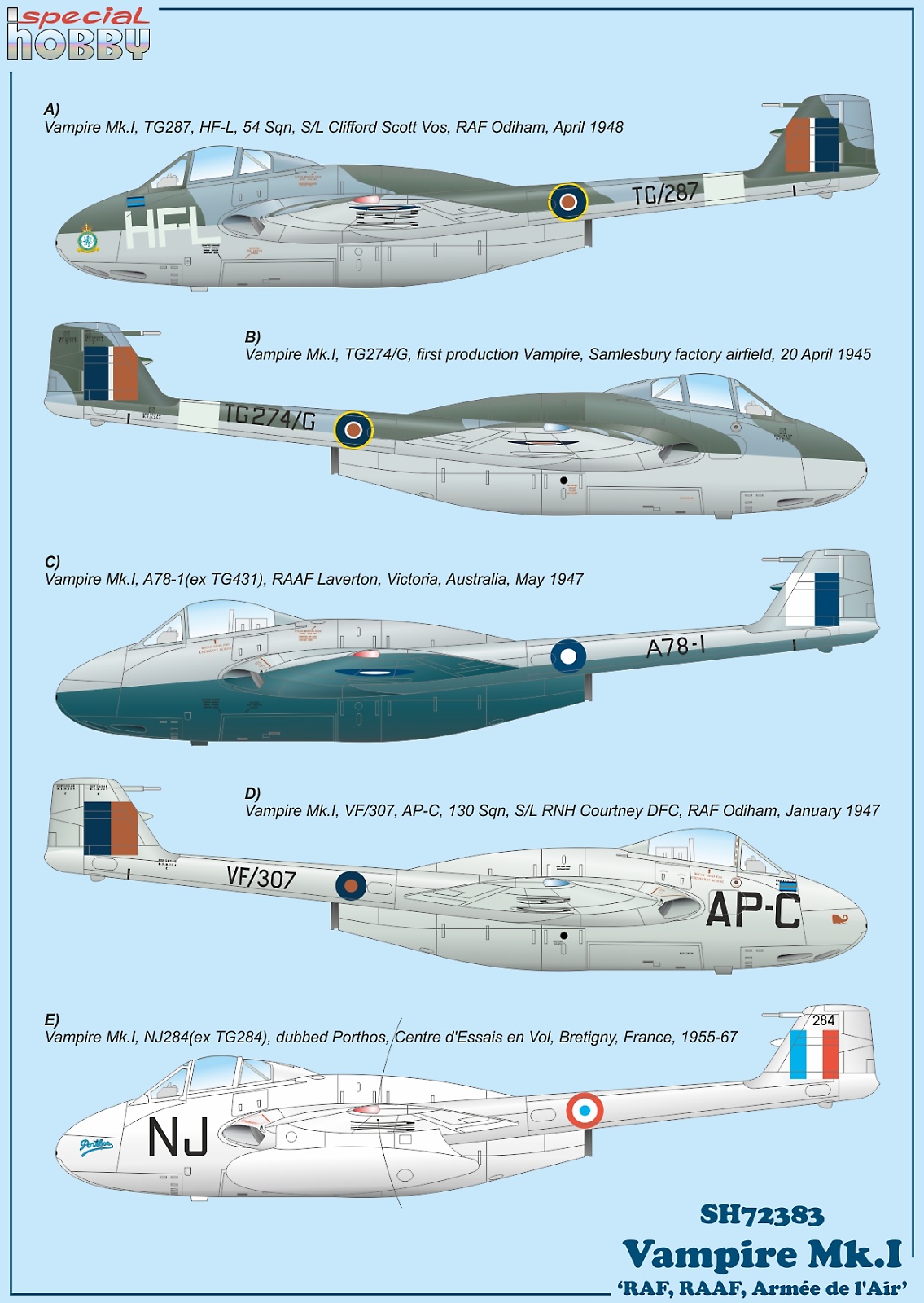 SH72383 Vampire Mk.I - decal sheet design and camouflage options