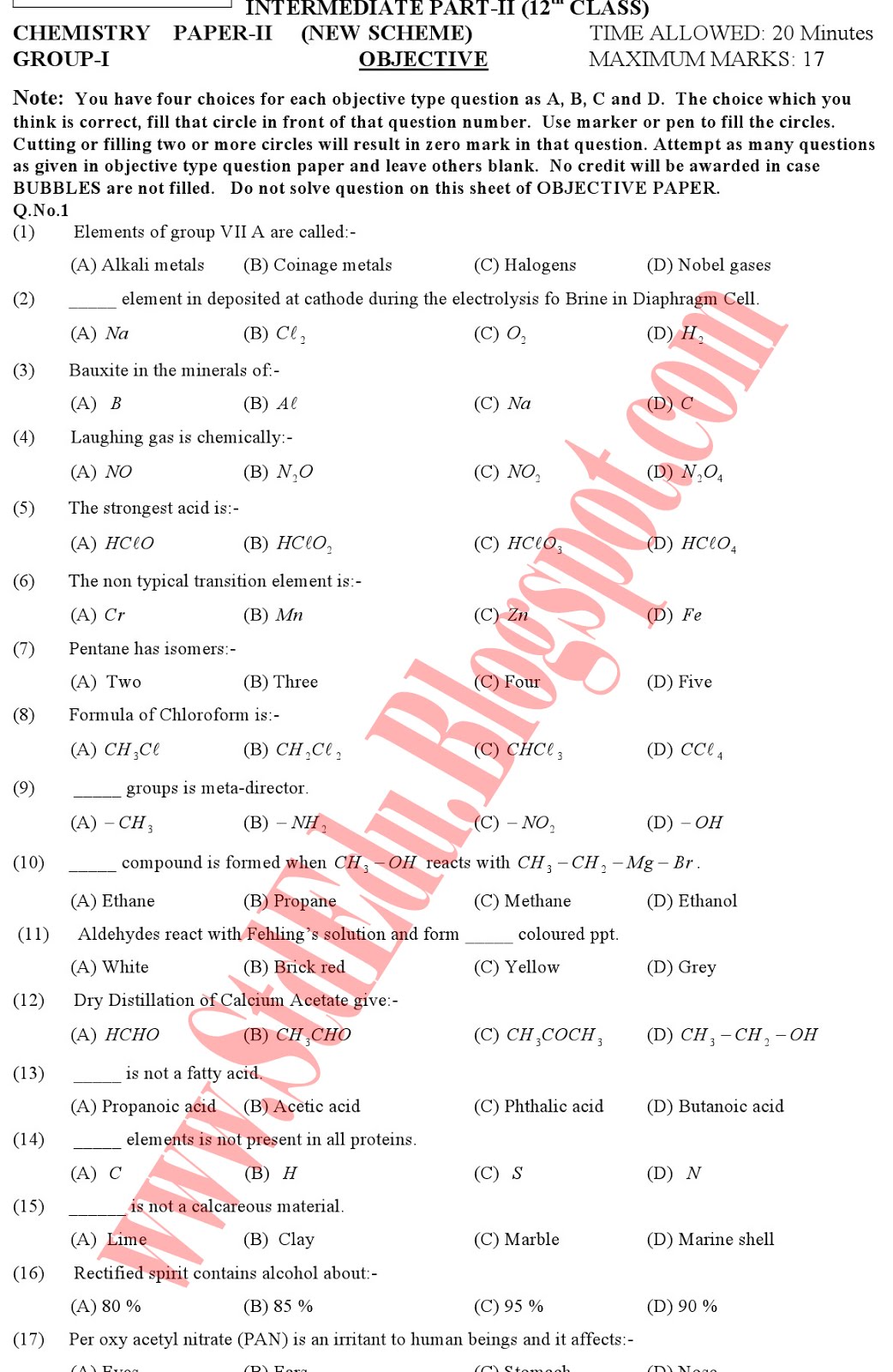 Chemistry Paper Intermediate Part 2nd 2015 | Students Education Online