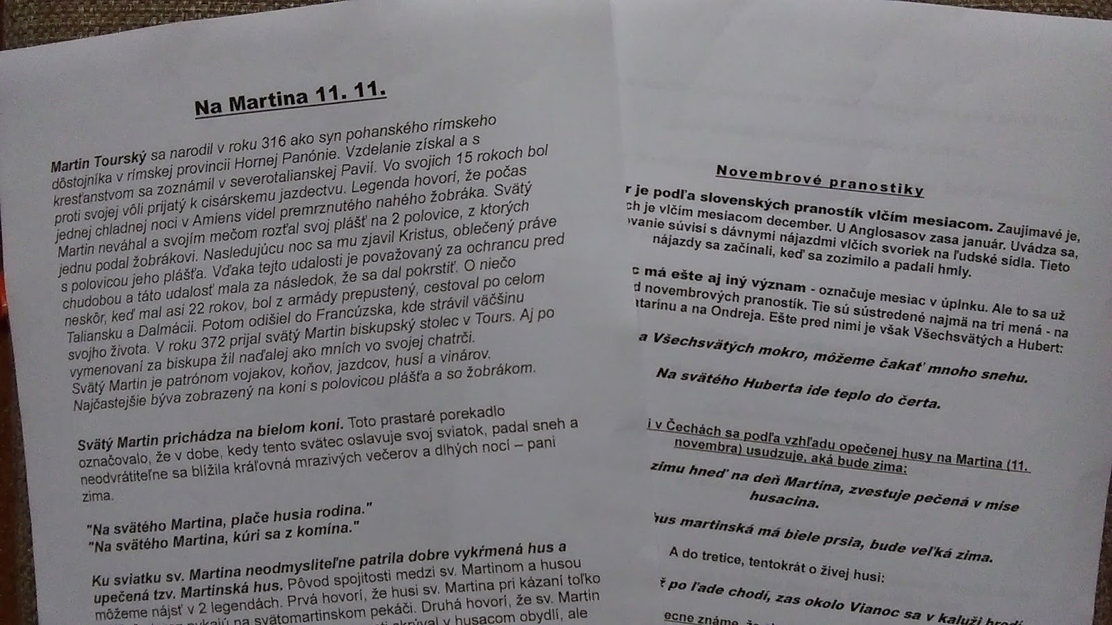 Školský klub detí: Martin na bielom koni a novembrové pranostiky v triedach Maťka a Kubka a ...