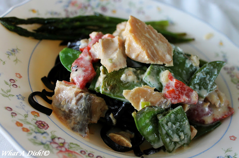 What A Dish!: Smoked Salmon Primavera with Squid Ink Pasta