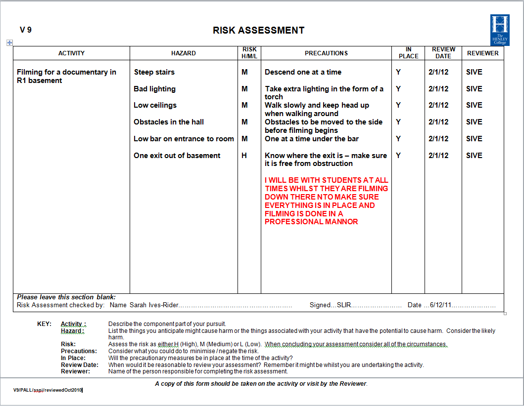 Pre production: Risk assessment form