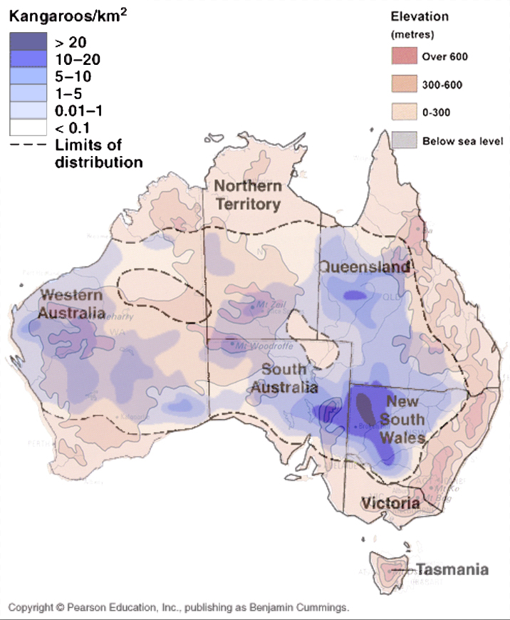 Kangaroo distribution in Australia vs elevation