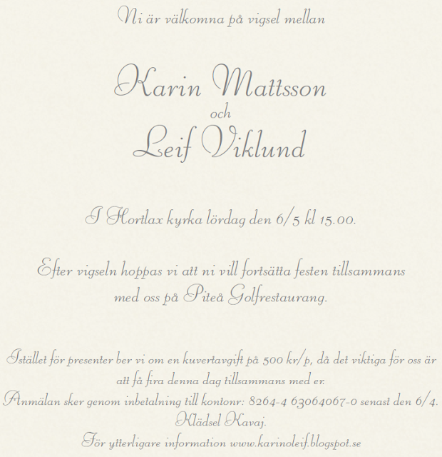 Karin och Leifs vigsel och bröllop: Inbjudan
