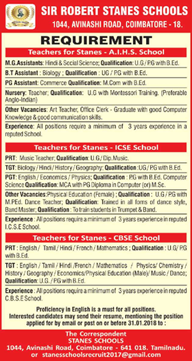 Sir Robert Stanes Schools Coimbatore wanted PGT plus TGT plus PRT ...